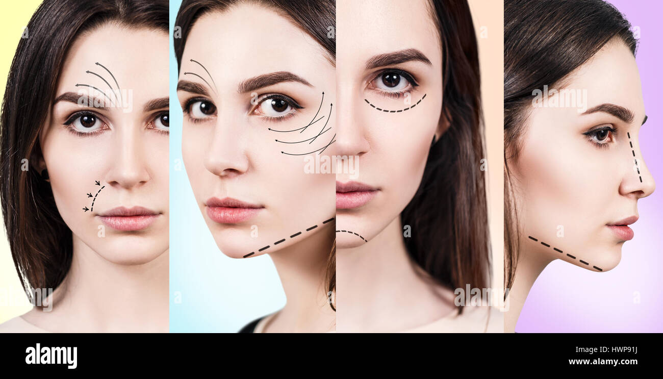 Young woman with lifting arrows on face in colorful collage Stock Photo ...