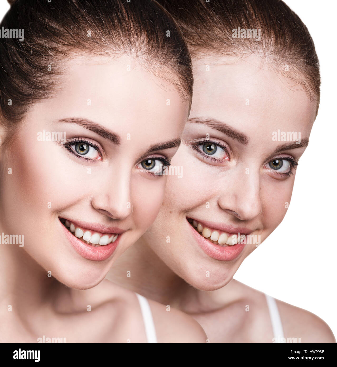 Comparison portrait of young woman before and after retouch Stock Photo ...