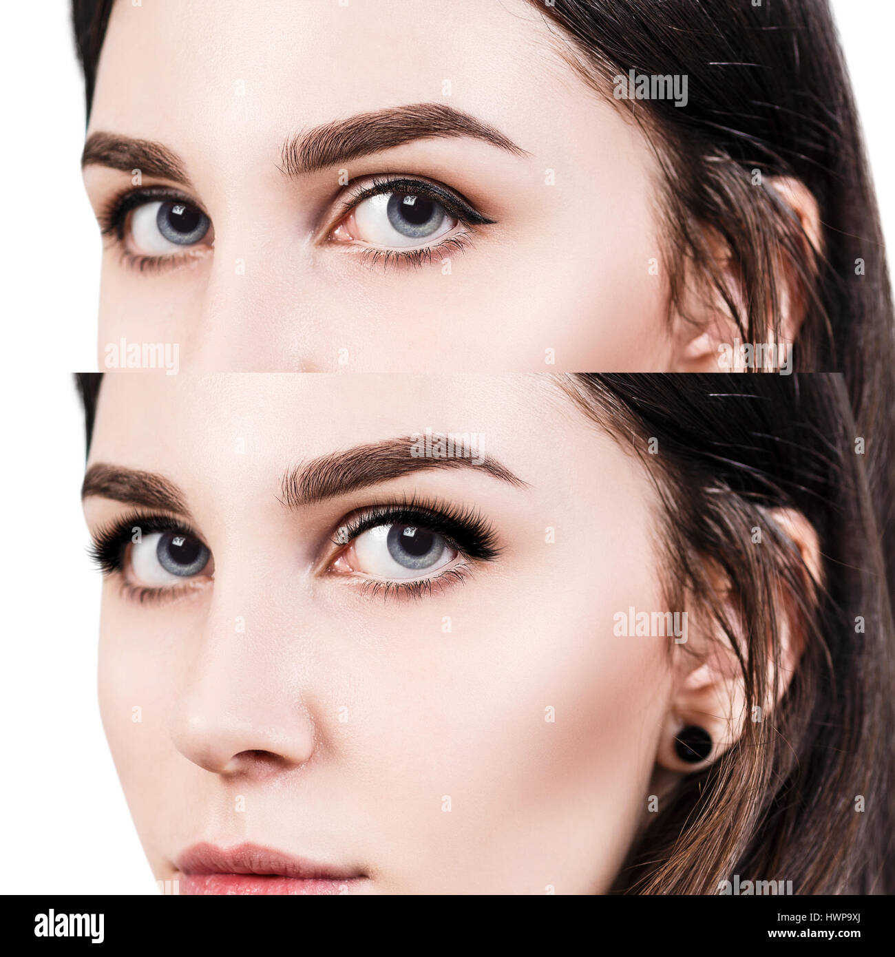 Comparison portrait of female eyes before and after eyelash extension ...