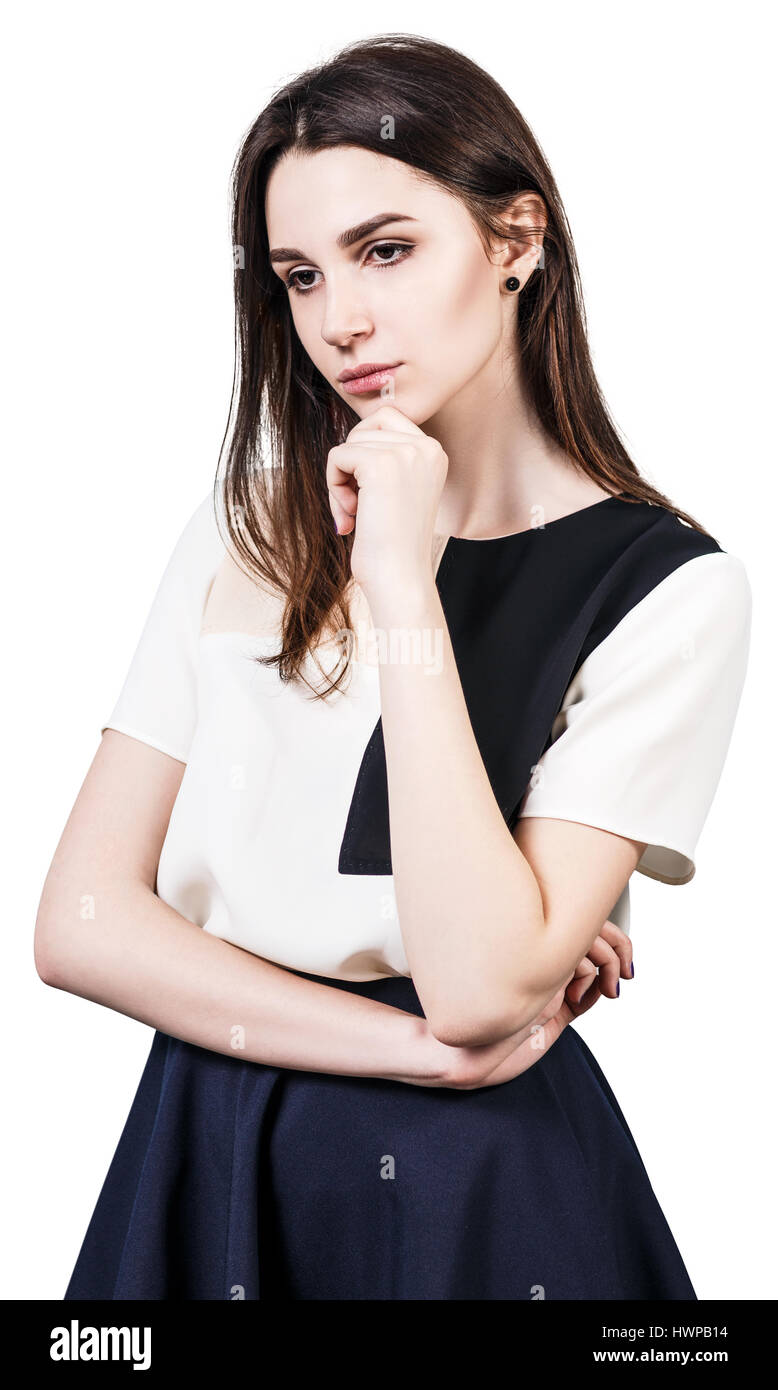 Beautiful young thoughtful woman isolated on white background Stock ...