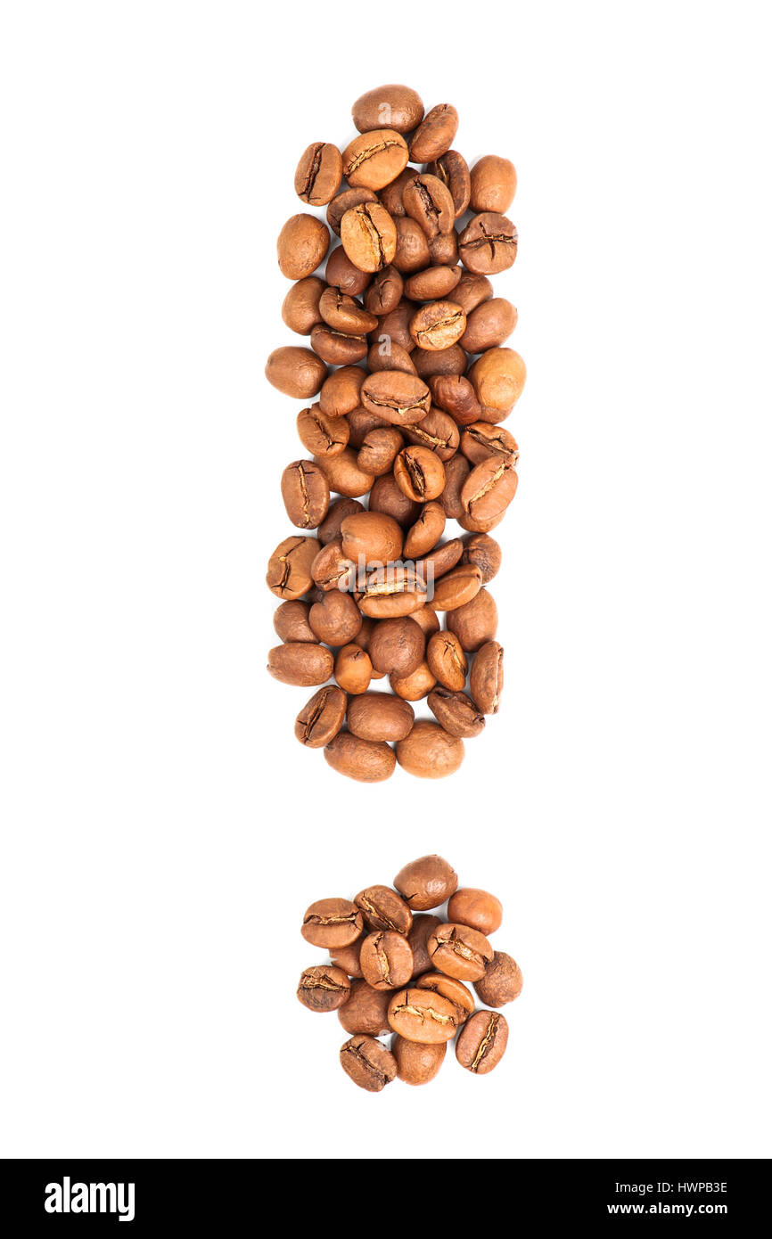 Exclamation mark from coffee beans isolated on white background Stock ...