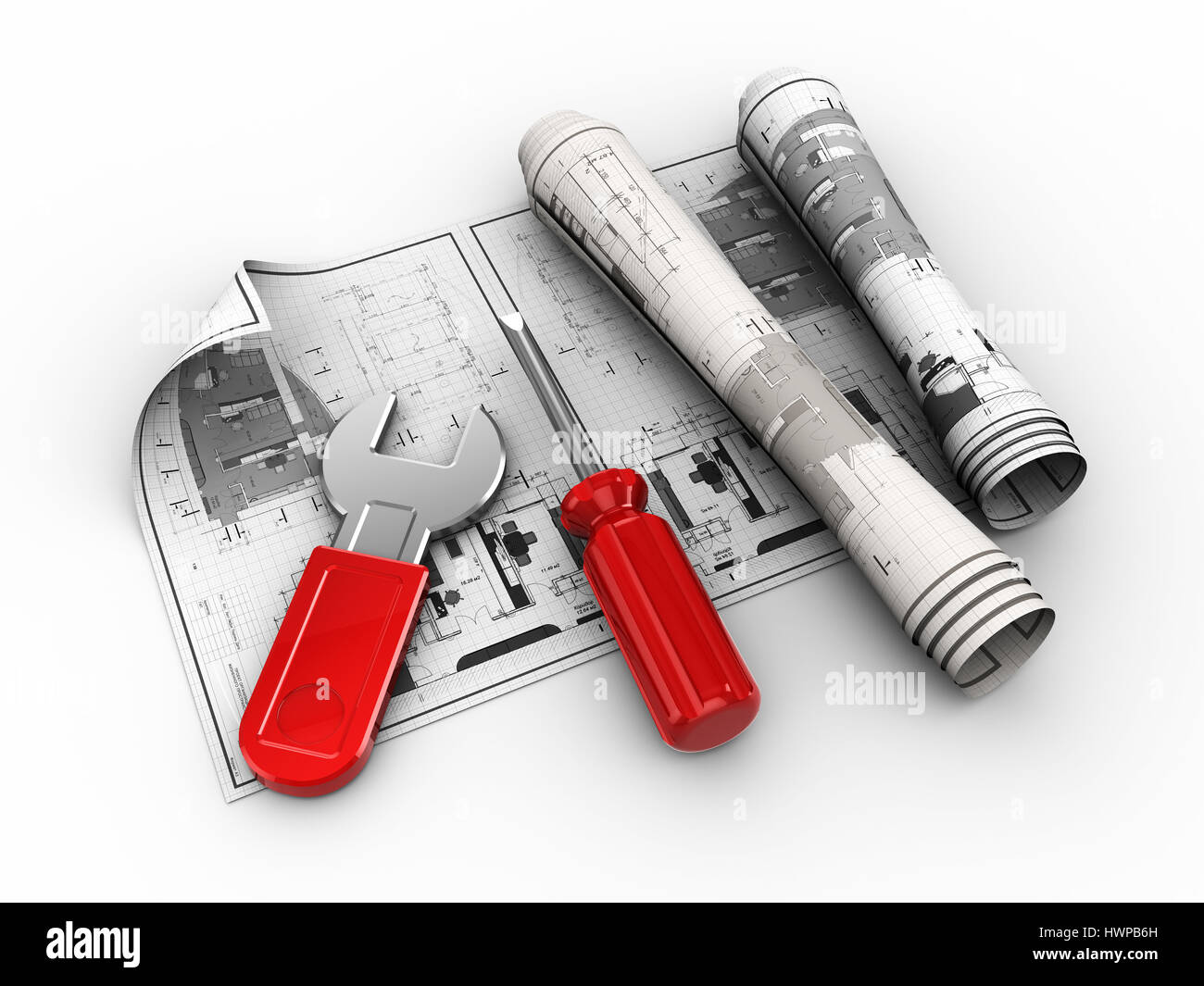 Rolled architectural blueprints construction plans hi-res stock ...