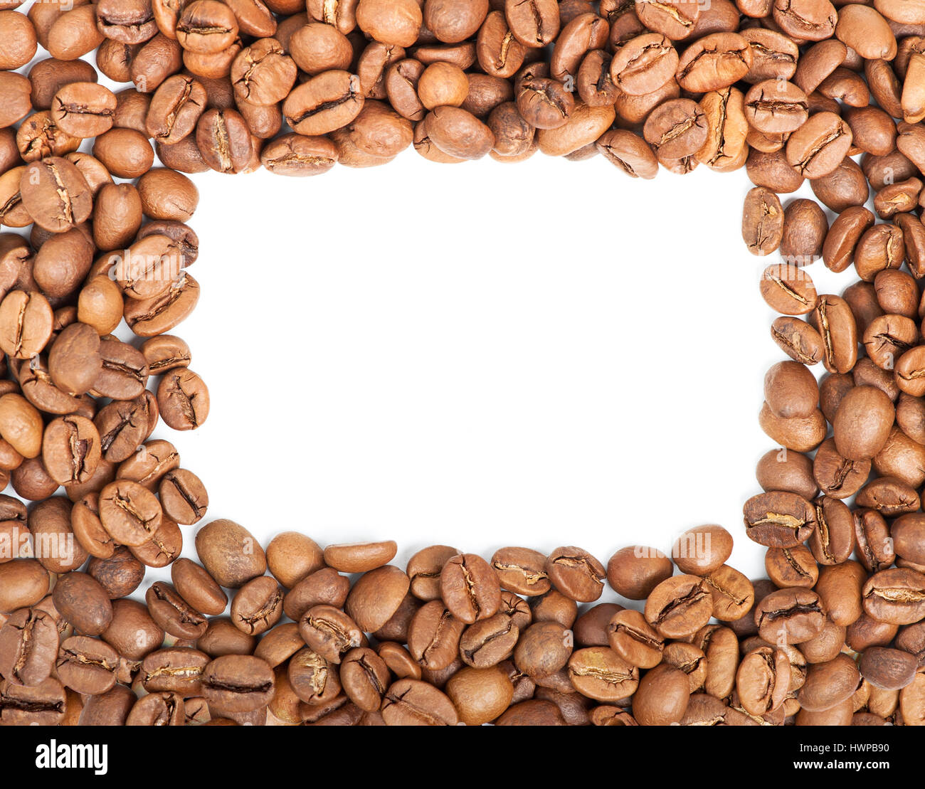 Decorative frame arranged with coffee beans isolated on white ...