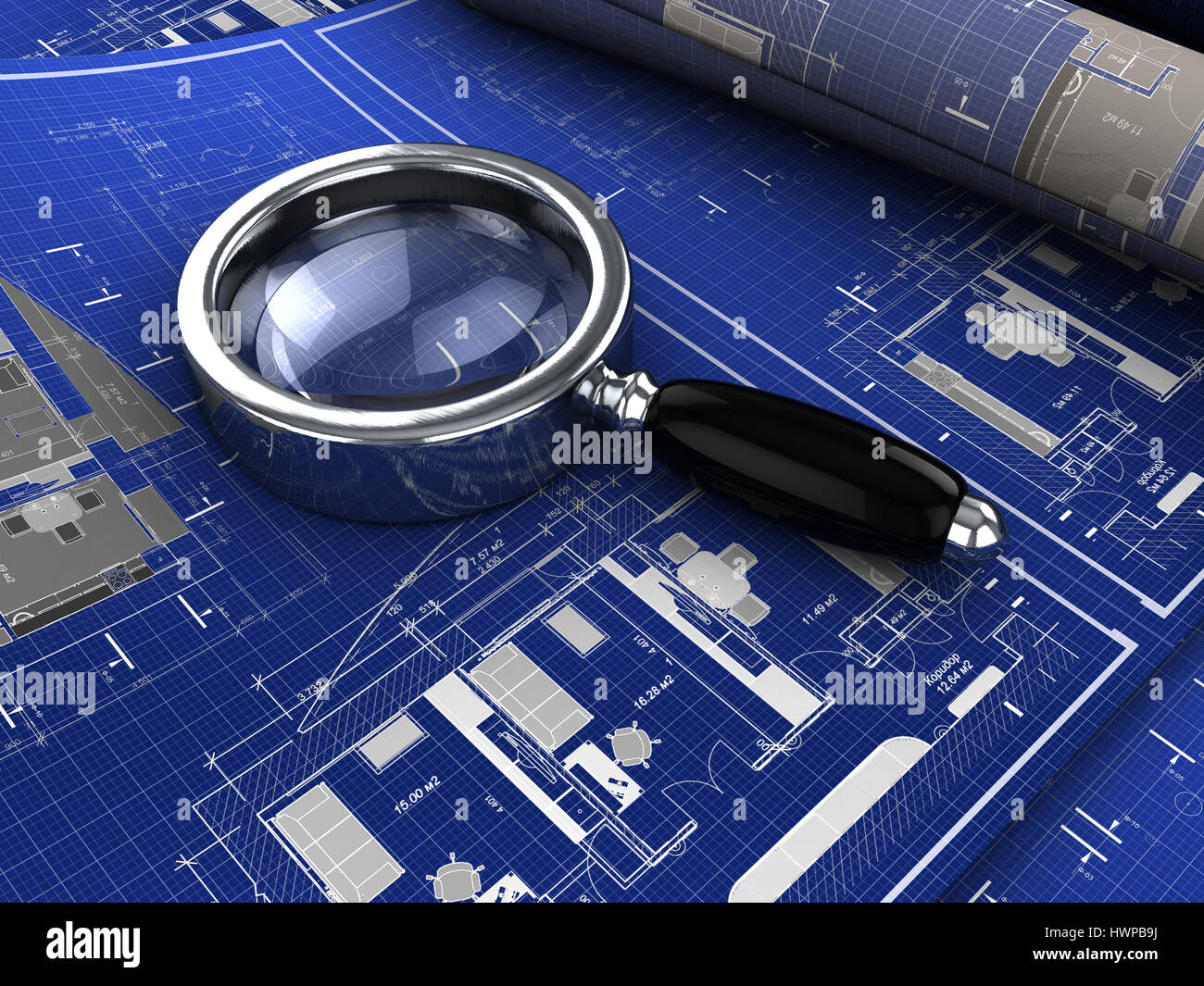 3d illustration of blueprints with magnify glass Stock Photo - Alamy