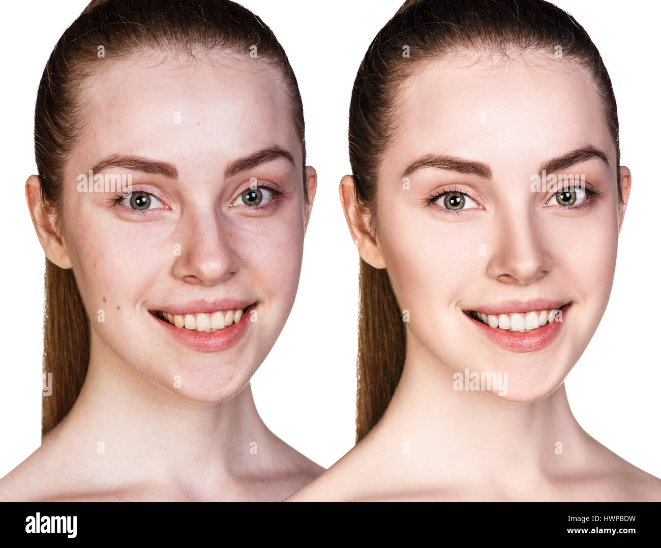 Comparison portrait of young woman before and after retouch Stock Photo ...