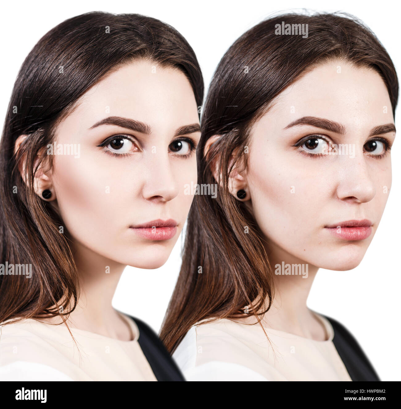 Comparison portrait of young woman before and after retouch Stock Photo ...