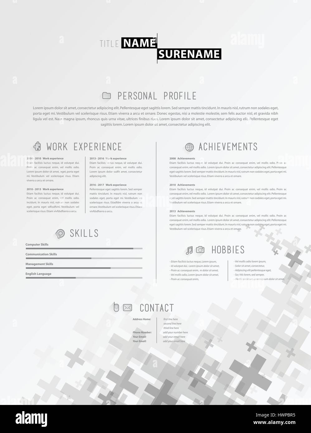 Creative simple cv template with grey plus signs in footer Stock Vector ...