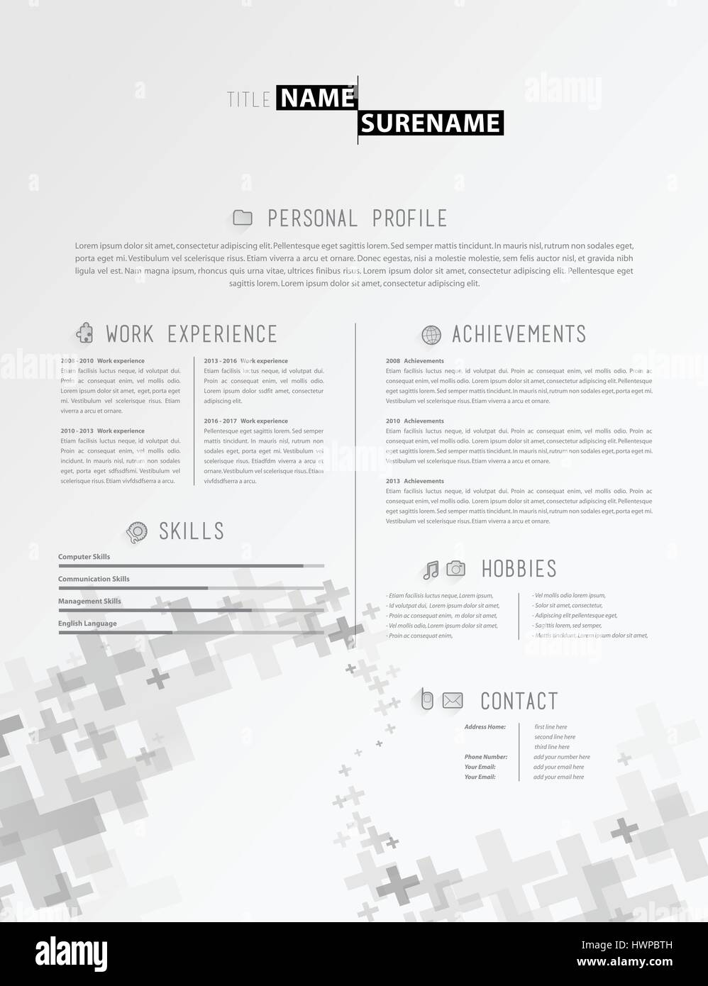 Creative simple cv template with grey plus signs in footer Stock Vector ...