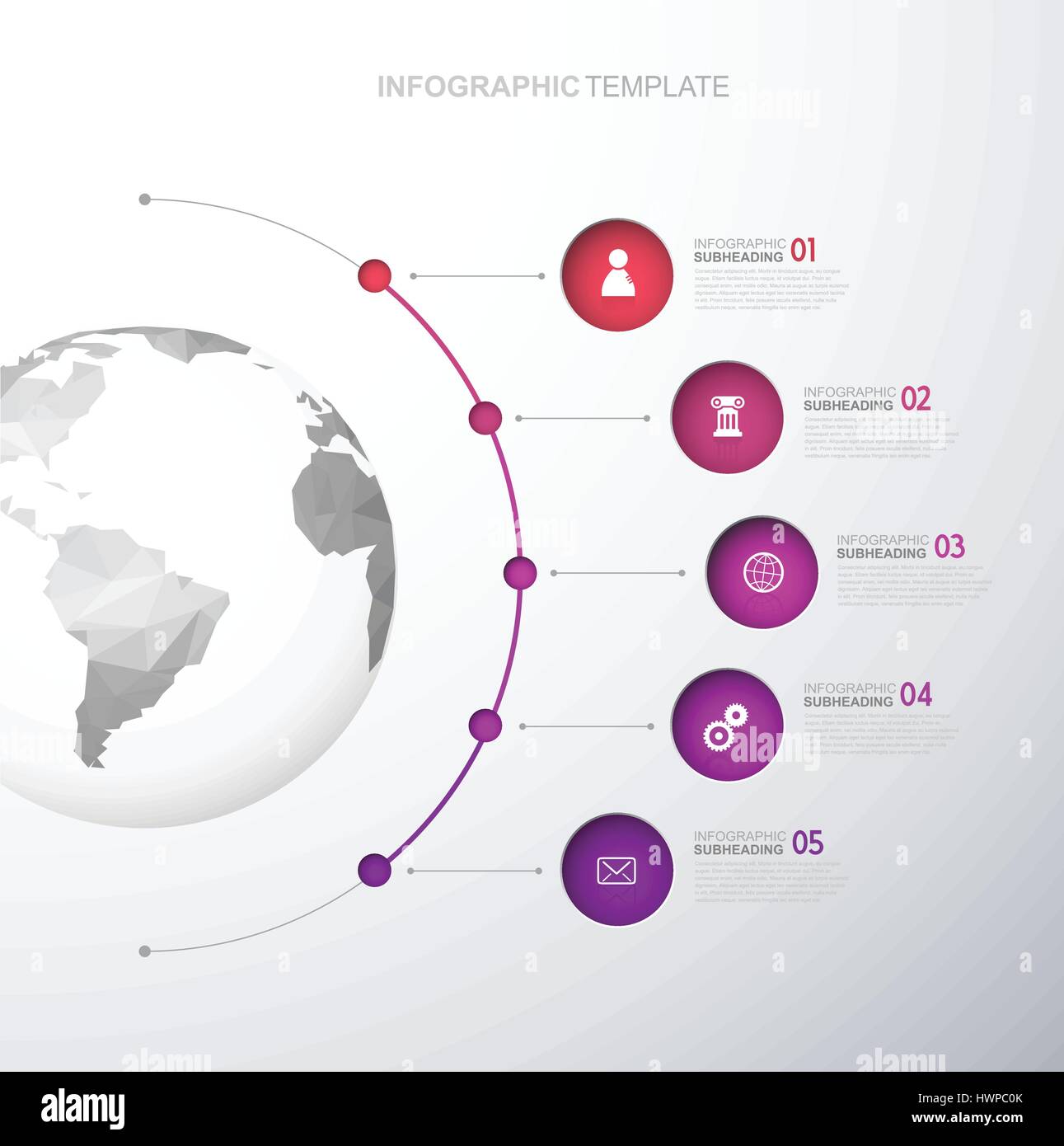 Infographic template with five circles and icons line up beside ...