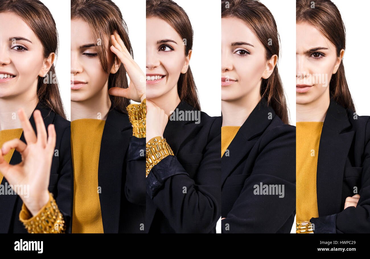 Set of young woman with different facial expressions over white ...