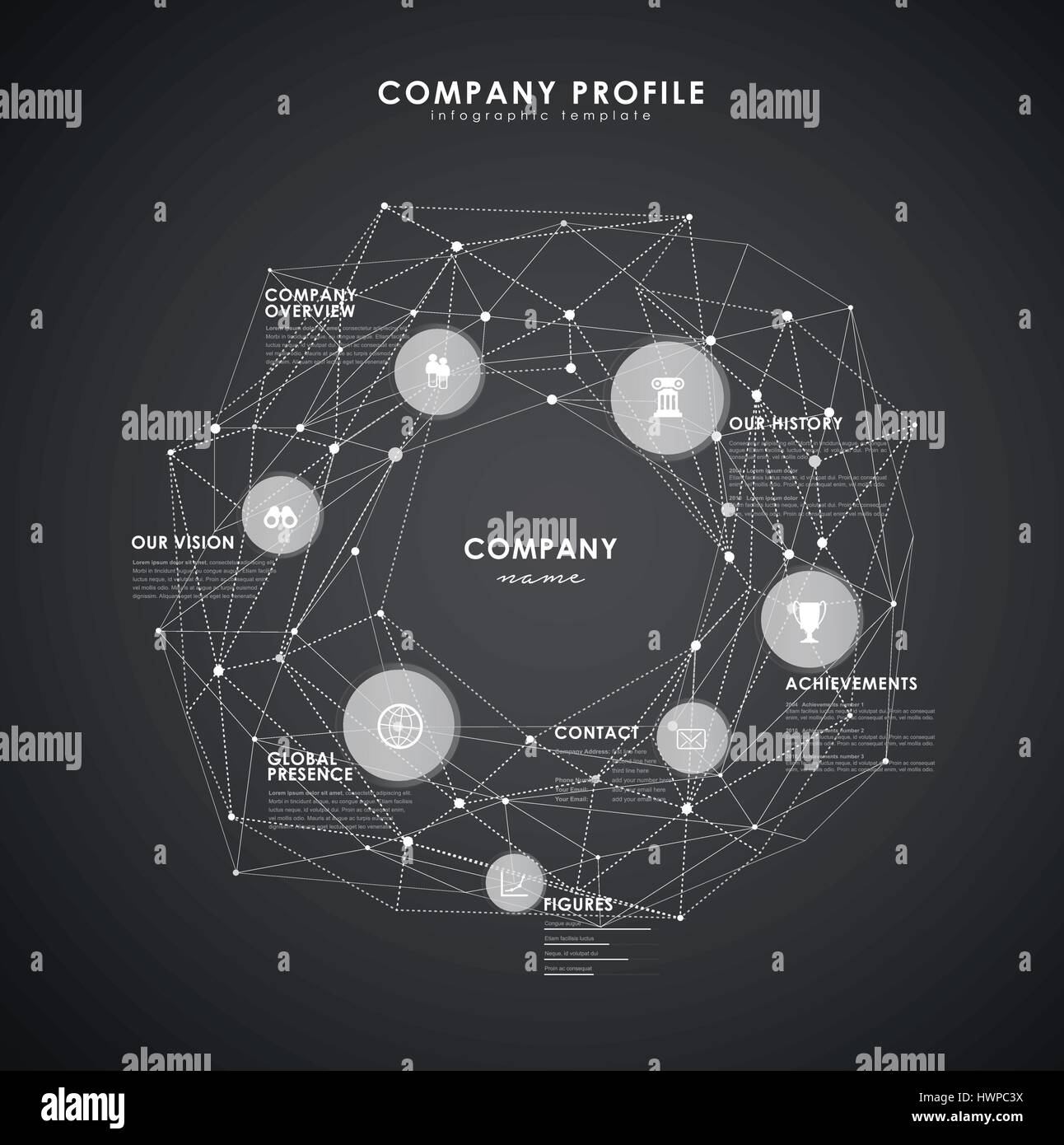 Company profile overview template with circles and dots - dark version ...