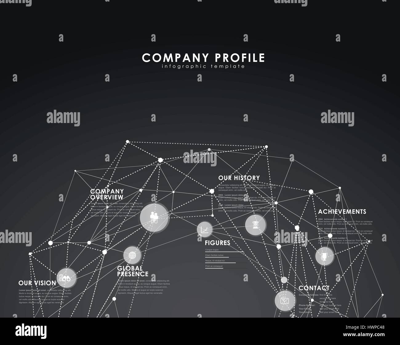 Company profile overview template with circles and dots - dark version ...