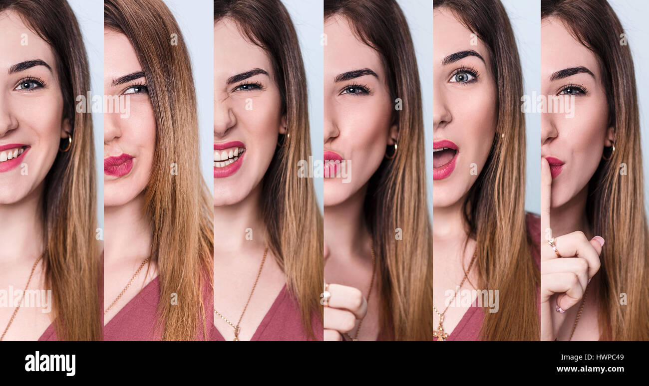 Half face set of young woman with different expressions over blue ...