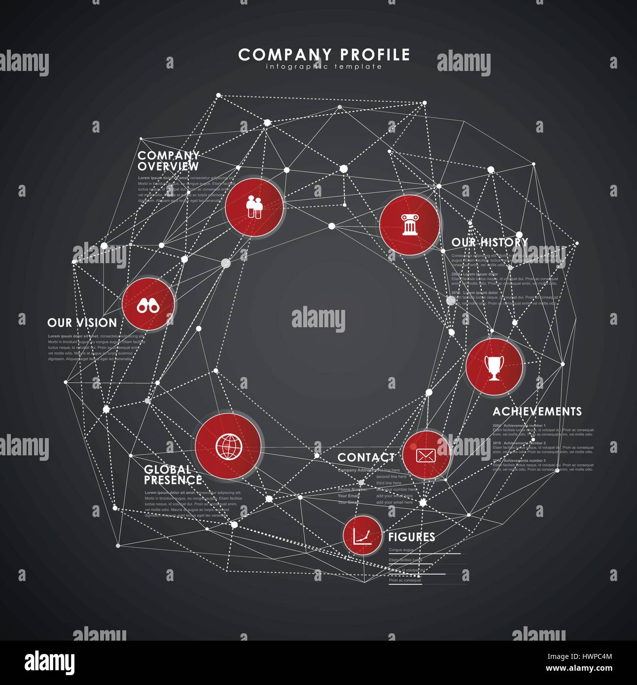Company profile overview template with red circles and dots - dark ...