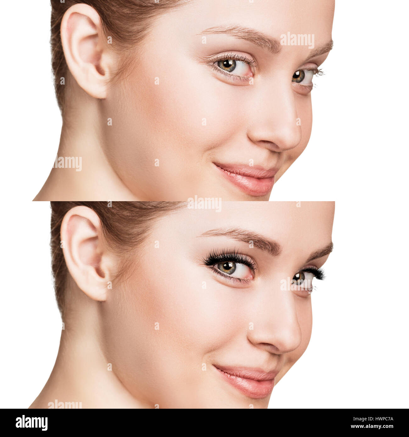 Comparison of female eyes before and after makeup and eyelash extension ...