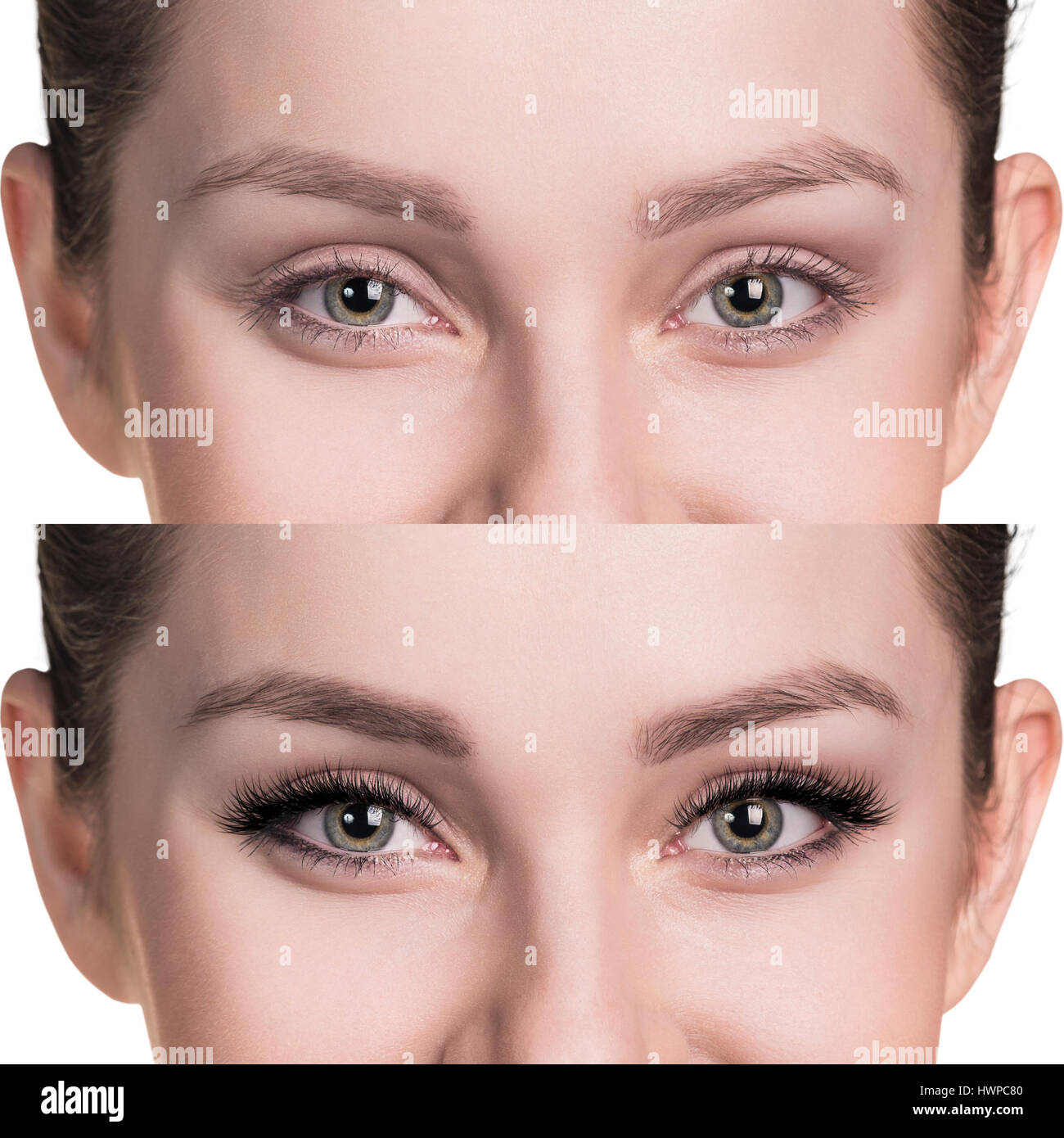 Comparison of female eyes before and after makeup and eyelash extension ...