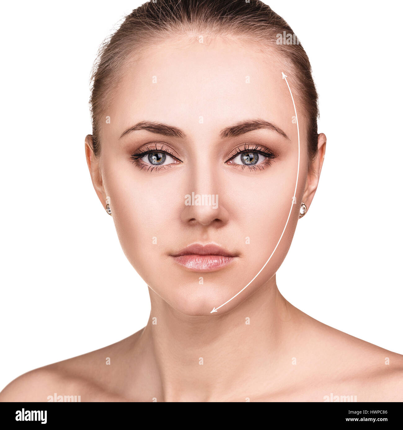 Beautiful woman face with big correction arrow isolated on white Stock ...