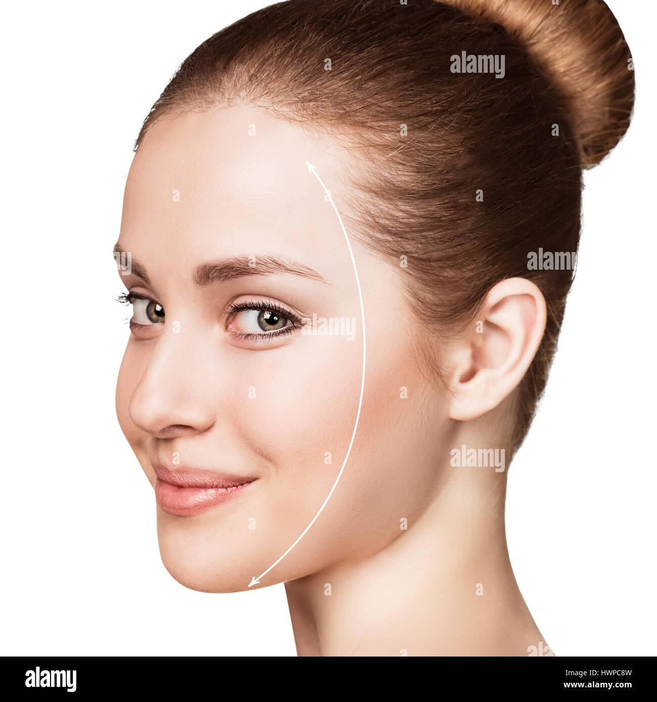 Beautiful woman face with big correction arrow isolated on white Stock ...