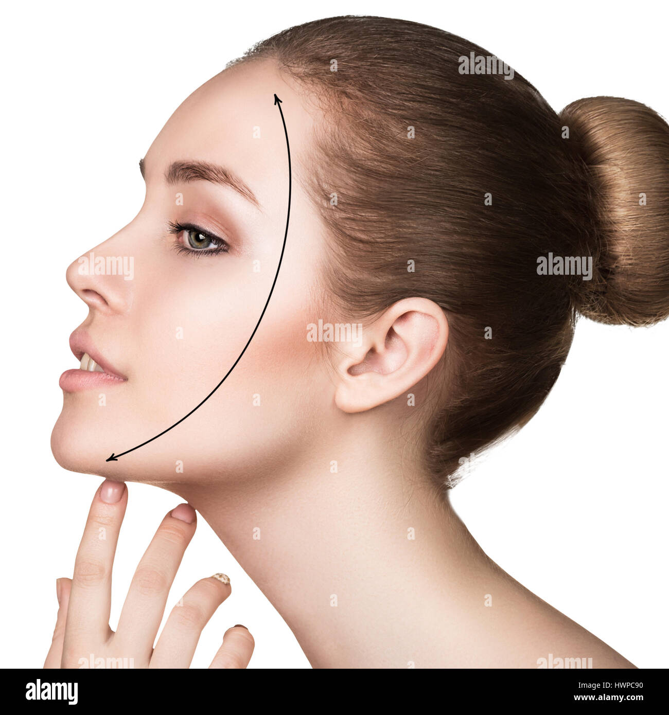 Beautiful woman face with big correction arrow isolated on white Stock ...