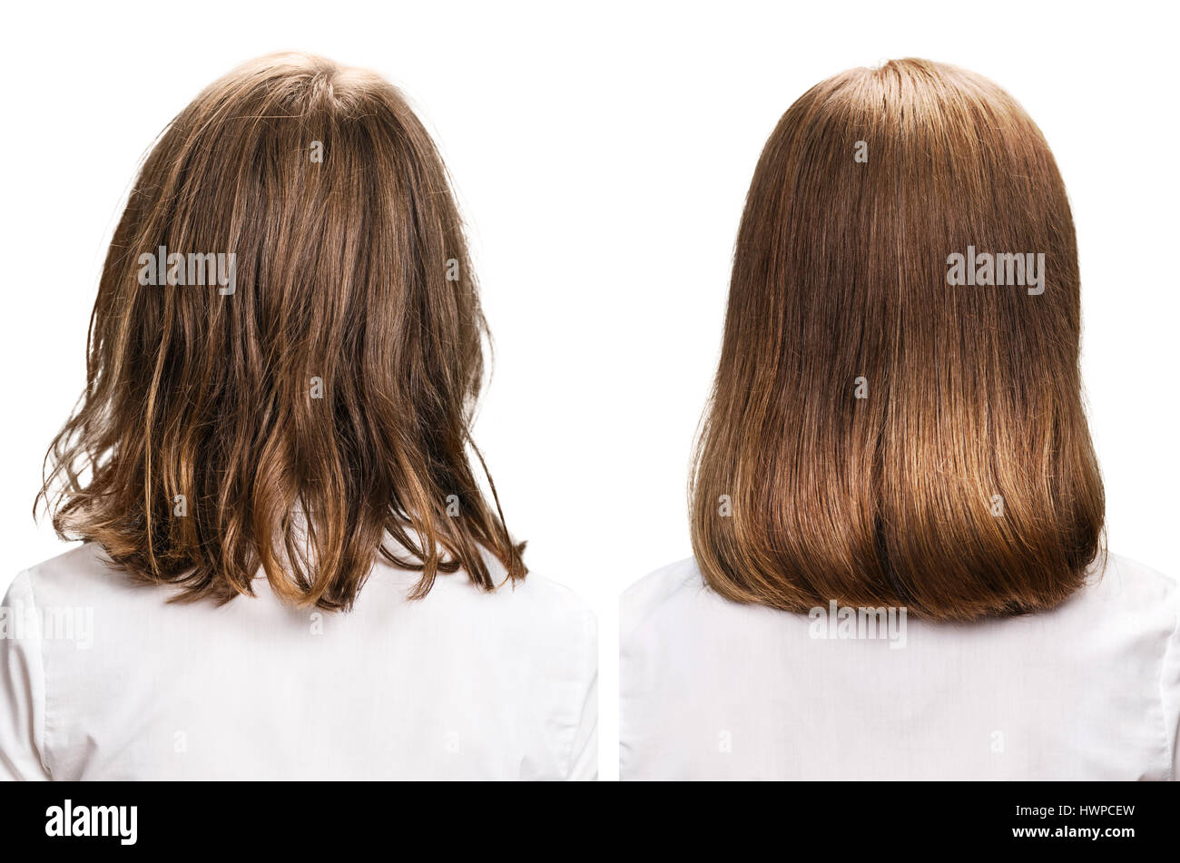 Hair from back view before and after treatment over white background ...