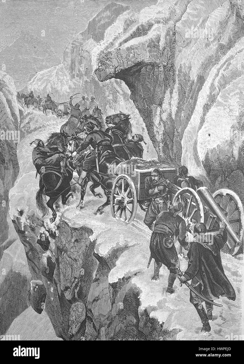 dangerous passage in the Schipkapass. Military train to the battle, as ...