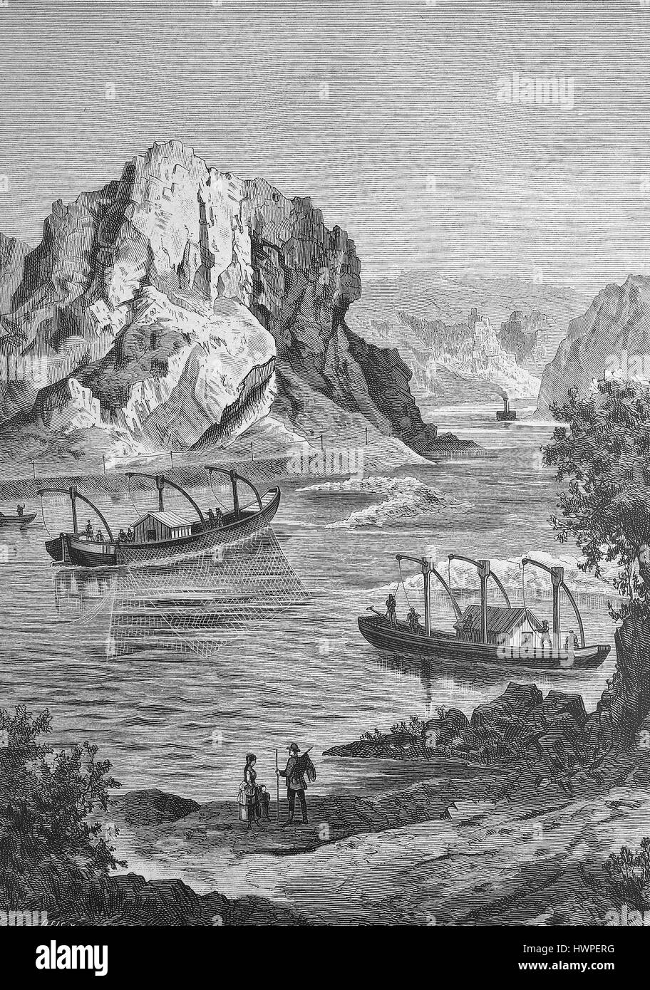Salm fishing, salmon fishing in the Rhine, Germany, Reproduction of an ...