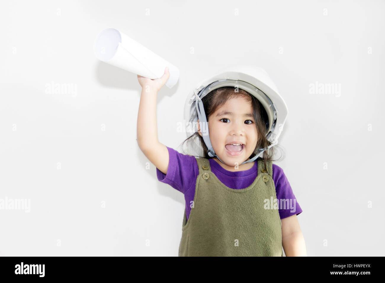 asian girl going to the engineer in future with roll paper plan and ...