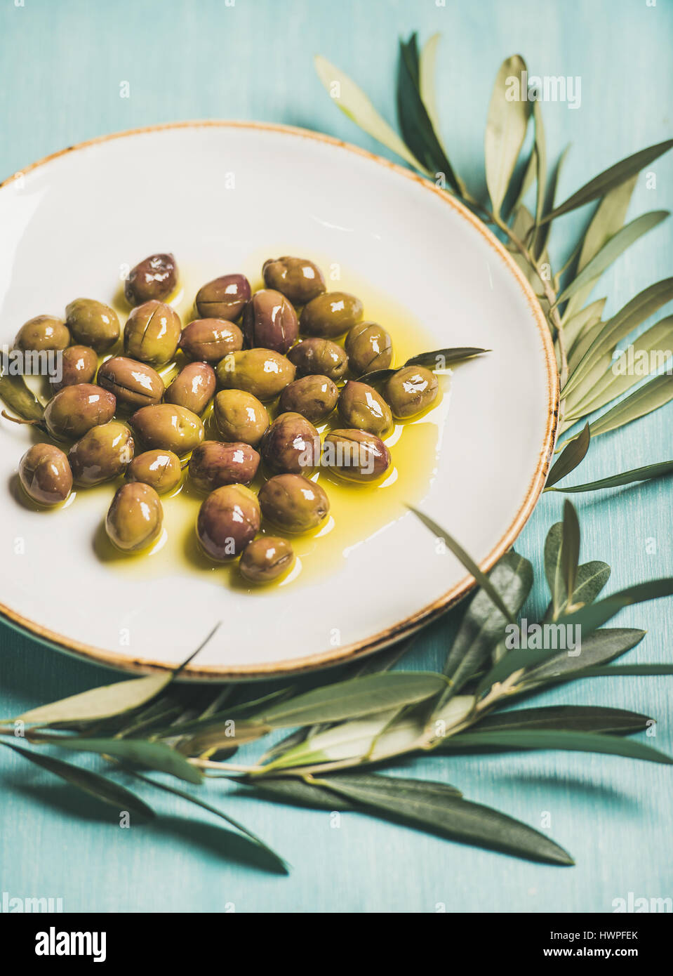 Pickled olives in oil and tree branch over blue background Stock Photo ...