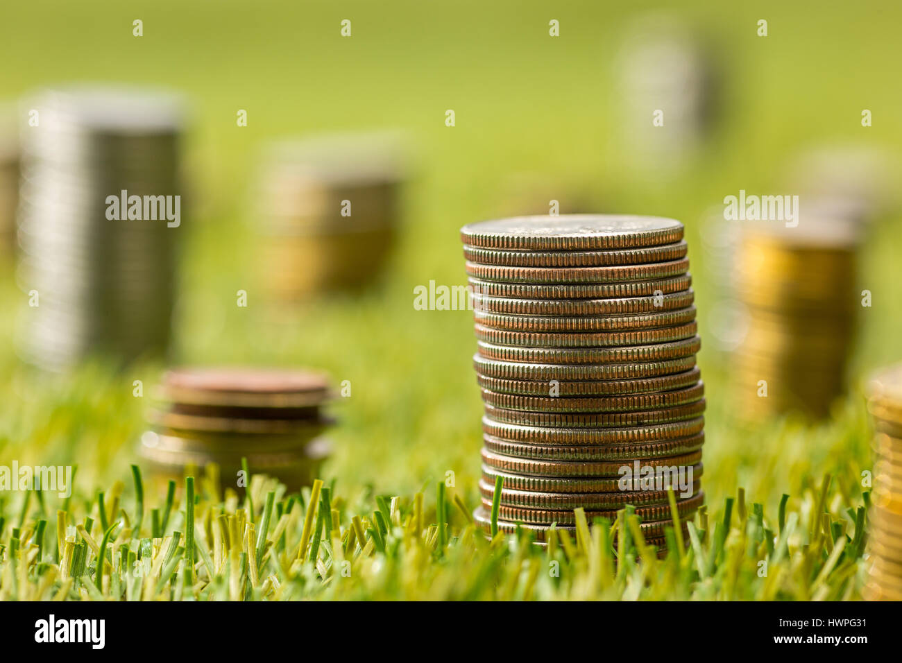 The columns of coins on grass Stock Photo - Alamy