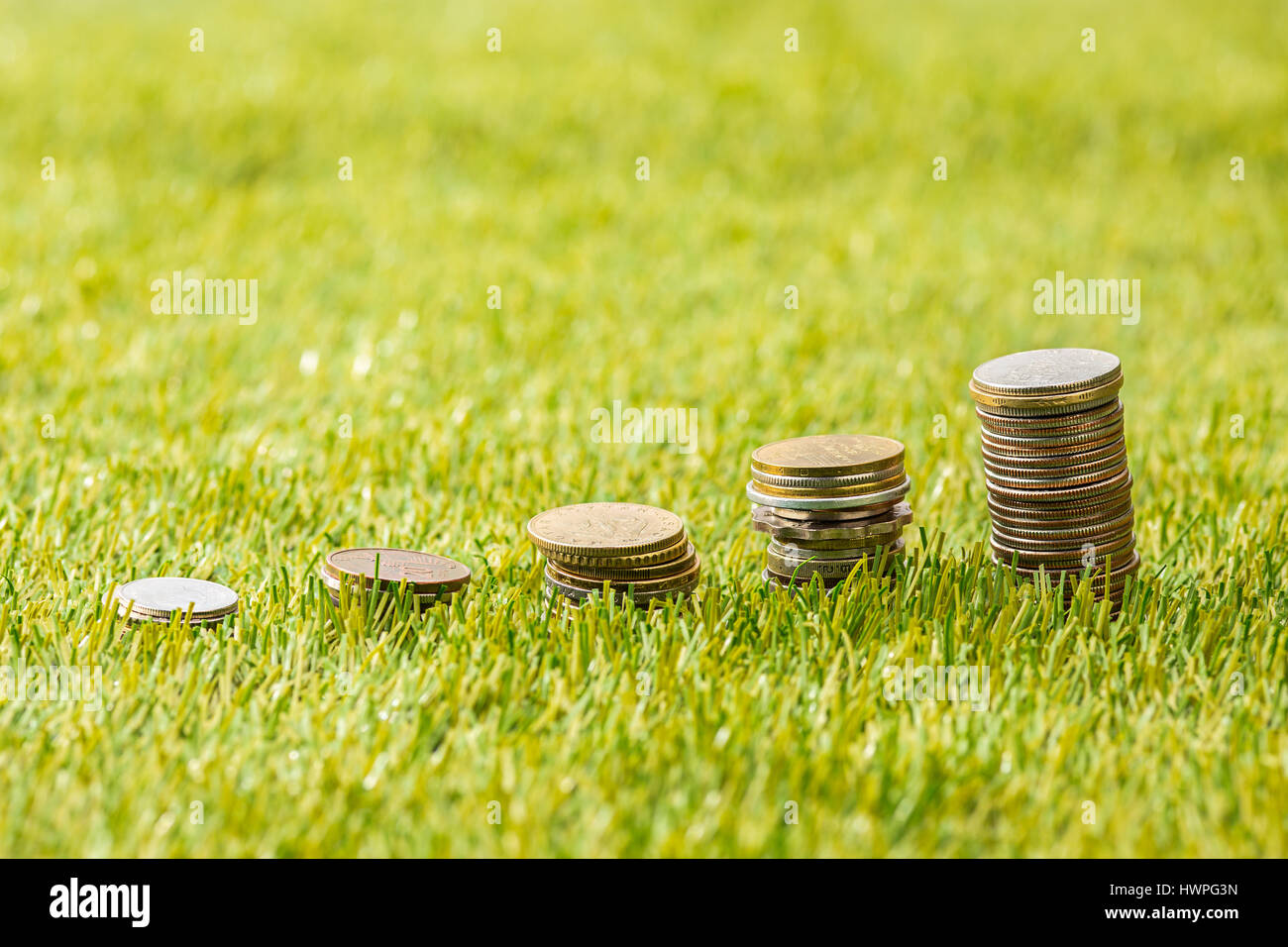 The columns of coins on grass Stock Photo - Alamy