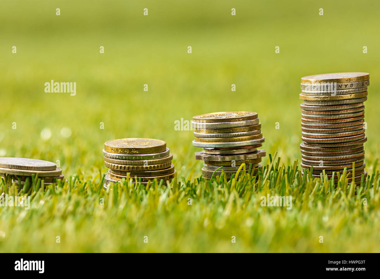 The columns of coins on grass Stock Photo - Alamy