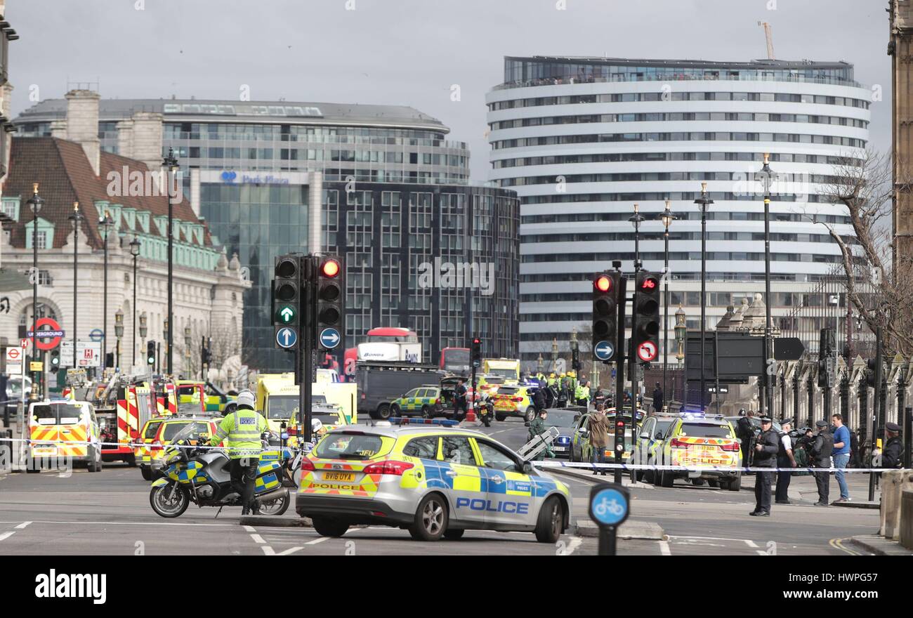 Police close to the Palace of Westminster, London, after policeman has ...