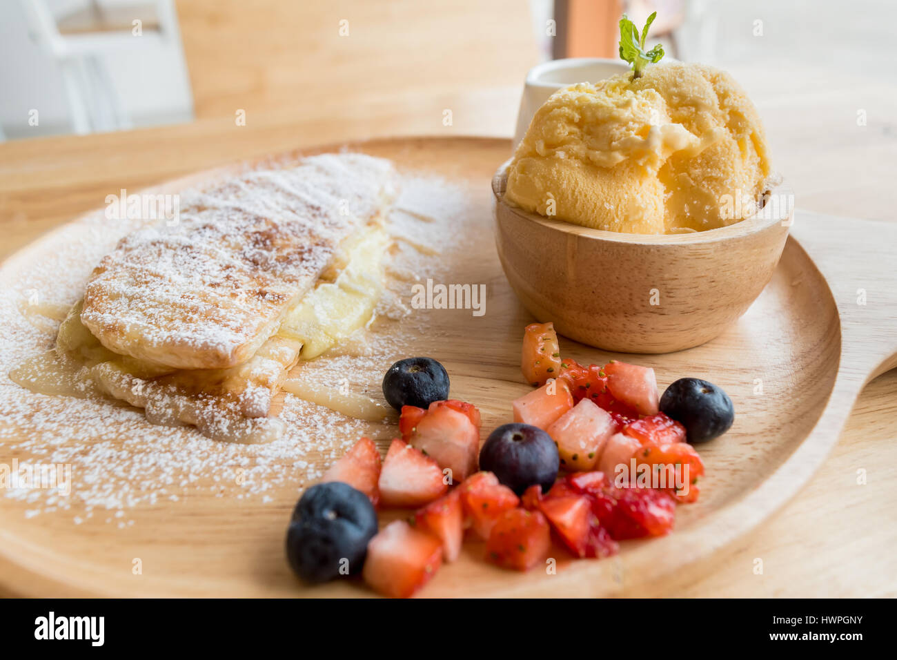 closeup fresh homemade dessert soft vanila roti with cool ice cream ...