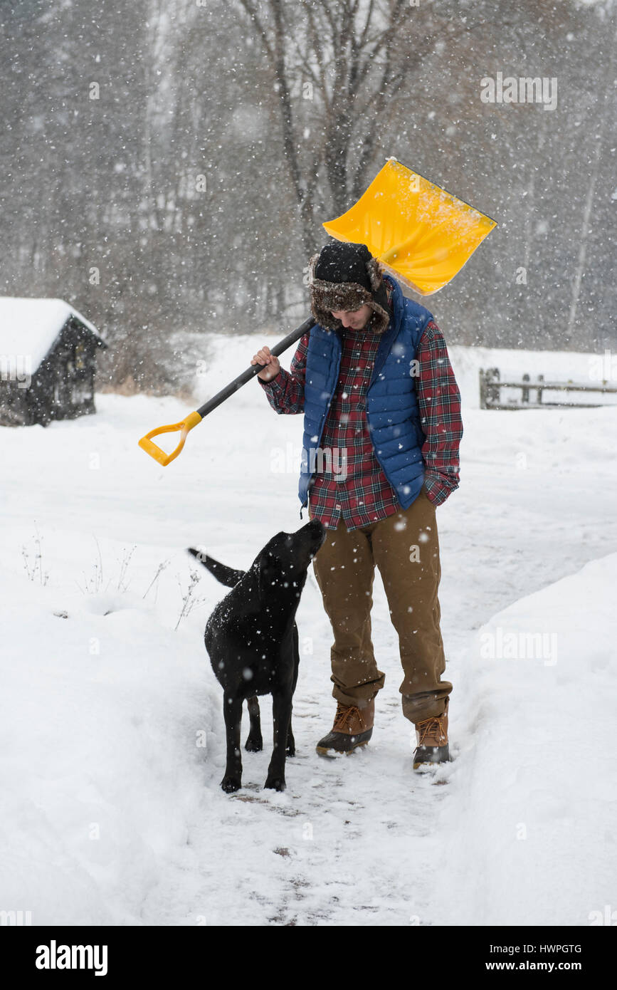 Man carrying shovel while standing with dog on snow covered field Stock ...