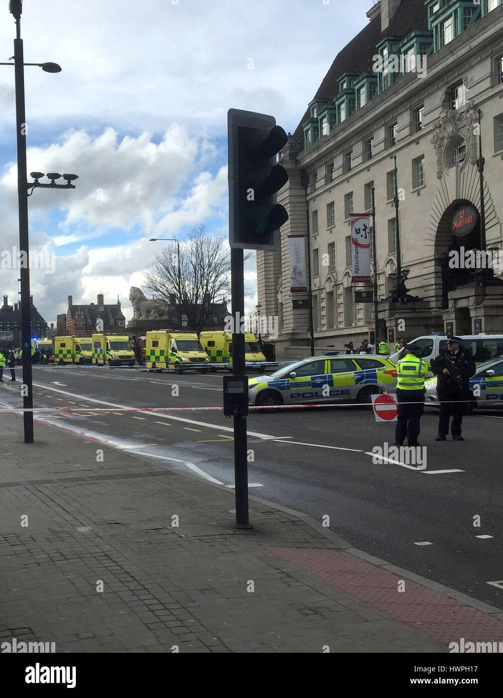 Ambulances on Westminster Bridge, London after policeman has been ...