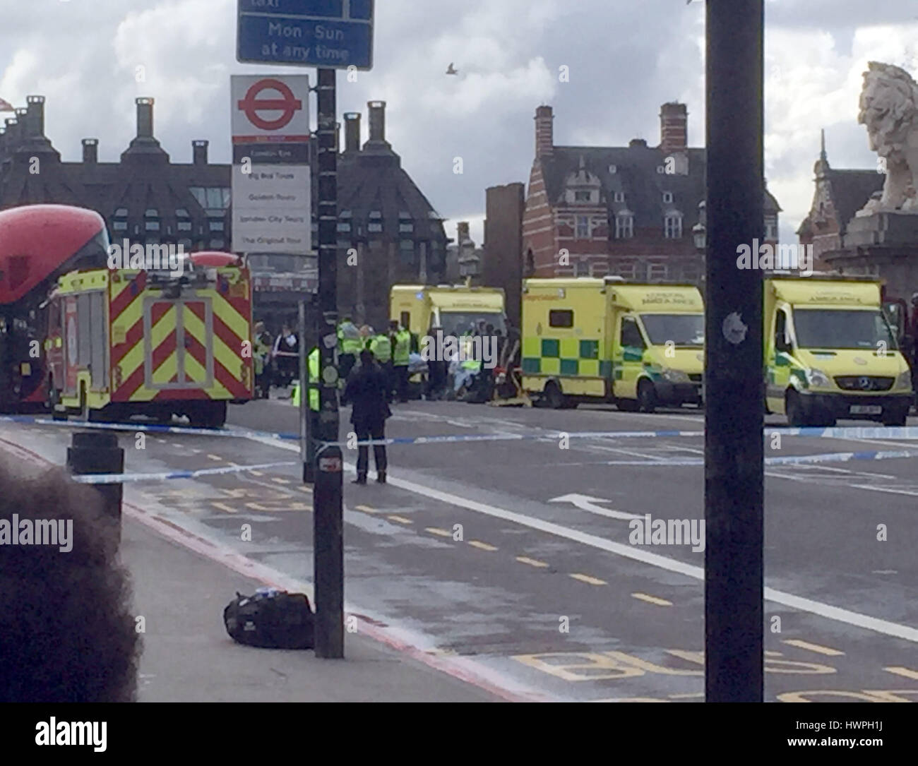 Ambulances on Westminster Bridge, London after policeman has been ...