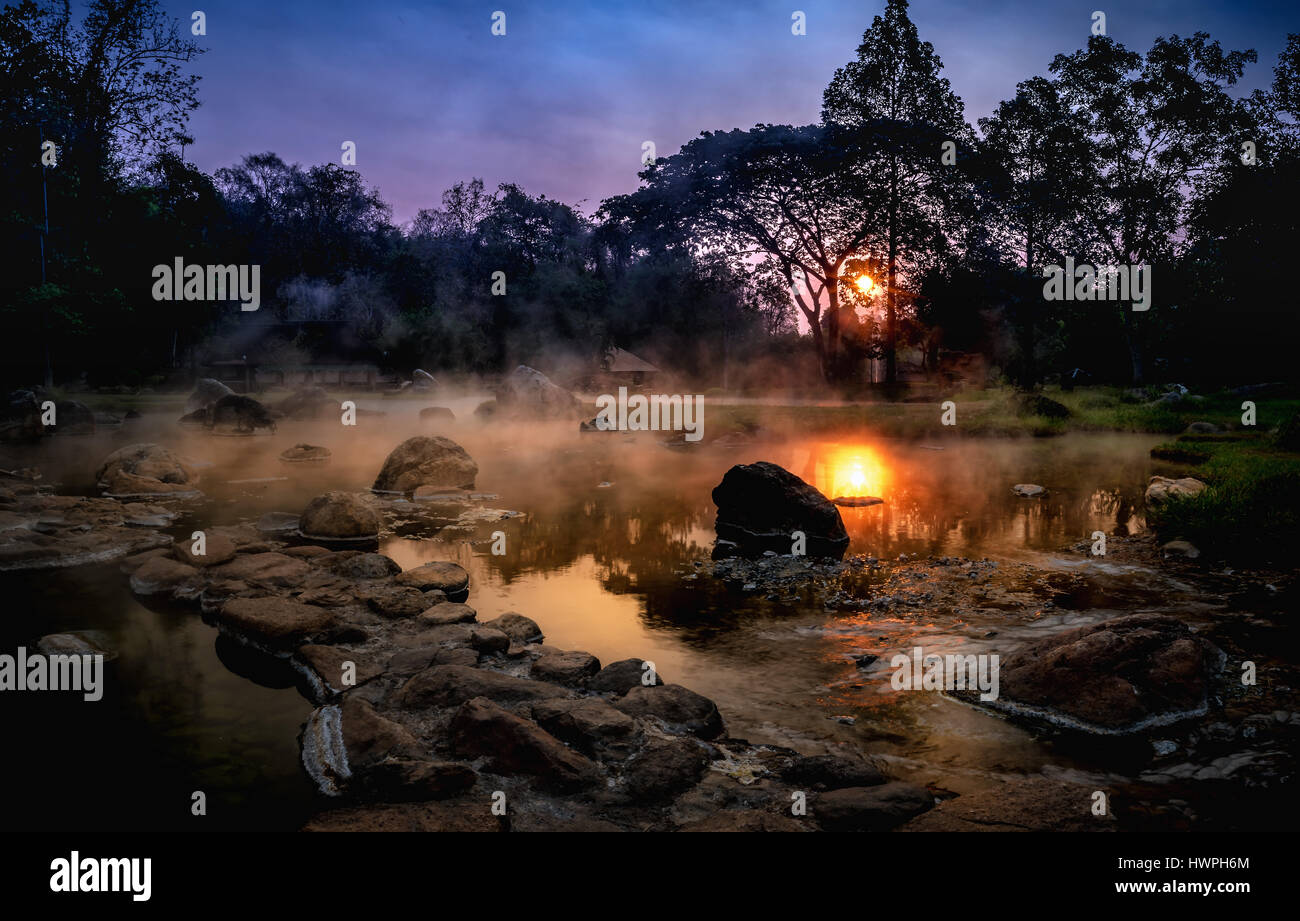 volcanic natural hot spring mineral water pool with steam spa and sun ...