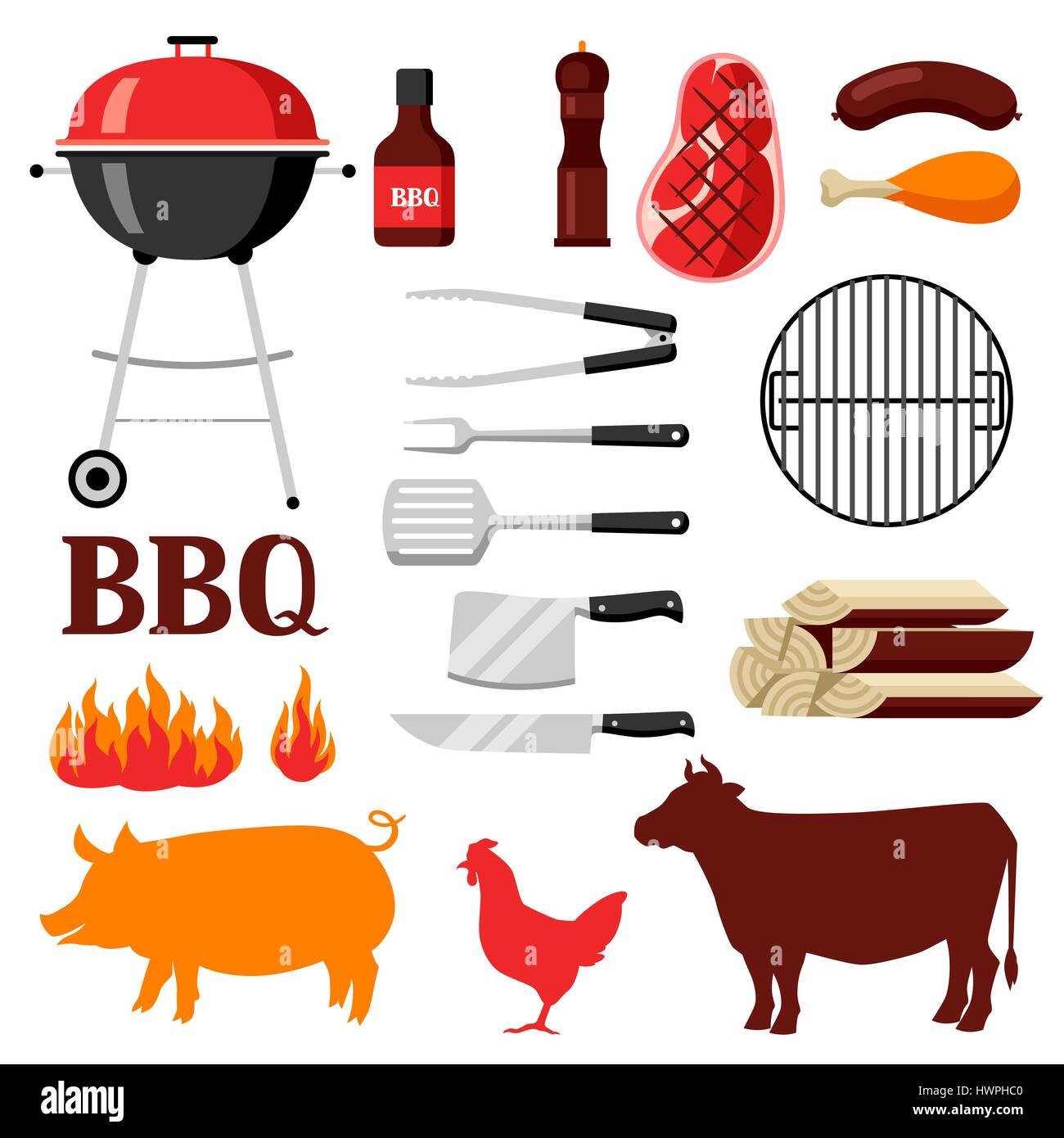 Bbq set of grill objects and icons Stock Vector Image & Art - Alamy