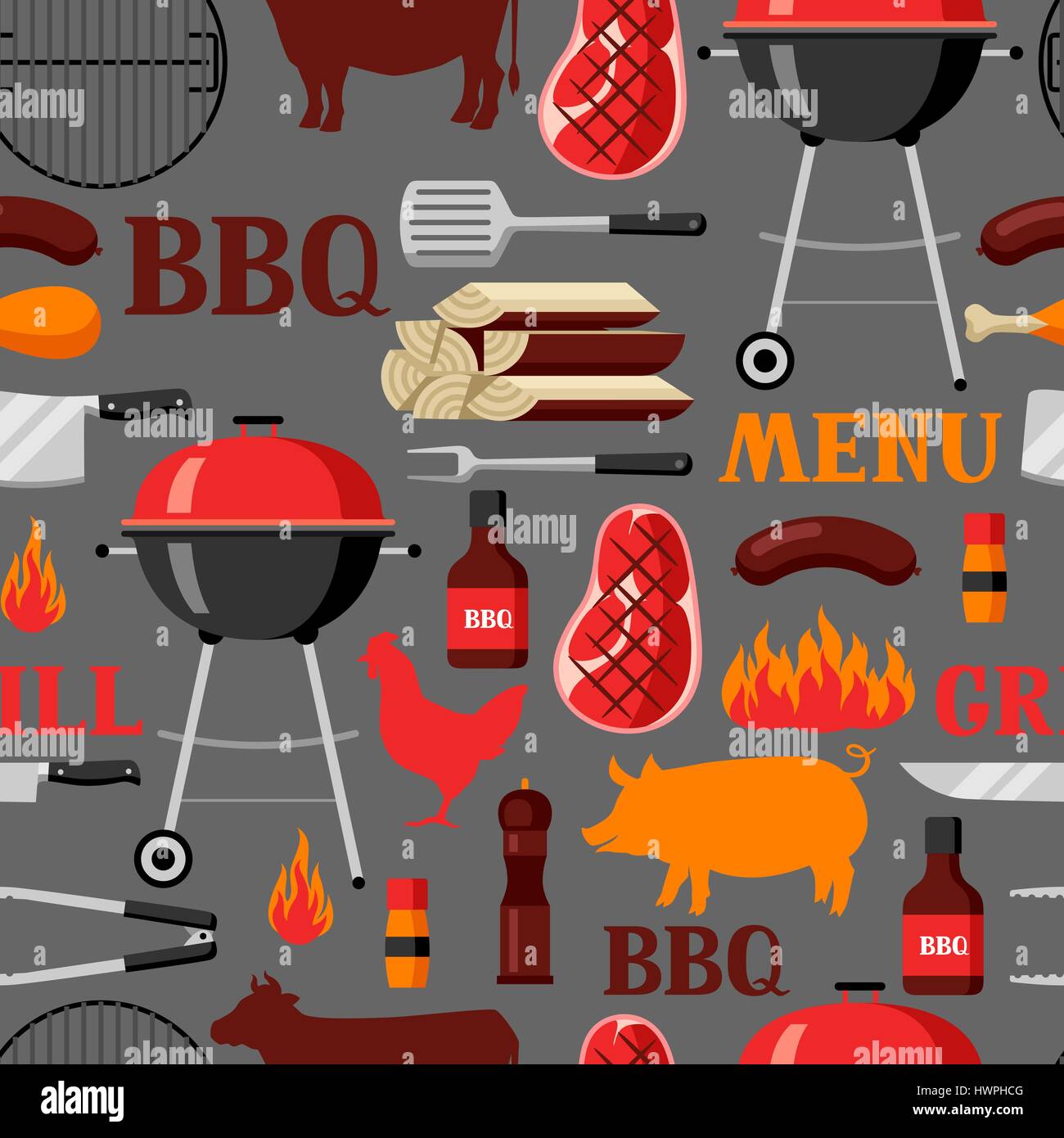 Bbq seamless pattern with grill objects and icons Stock Vector Image ...