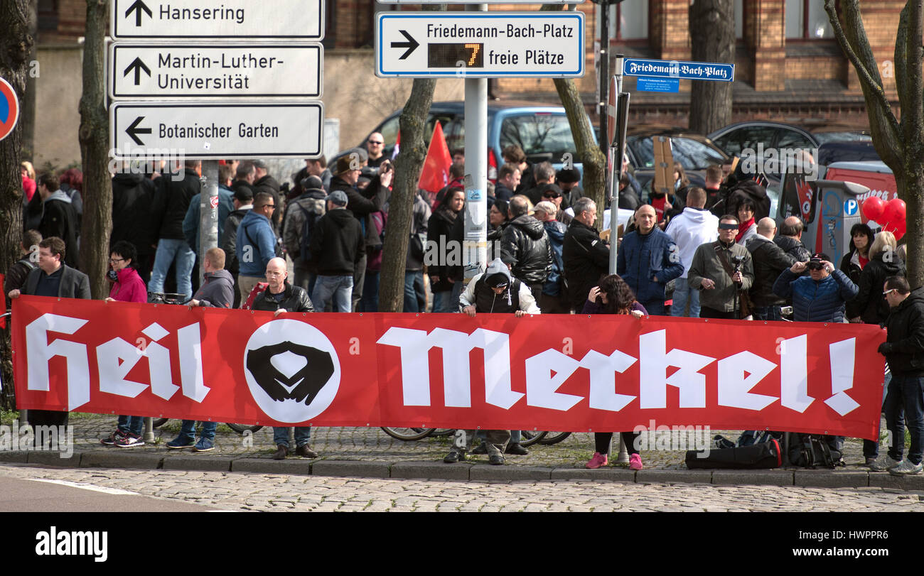 Halle, Germany. 22nd Mar, 2017. "Heil Merkel" can be read in black ...