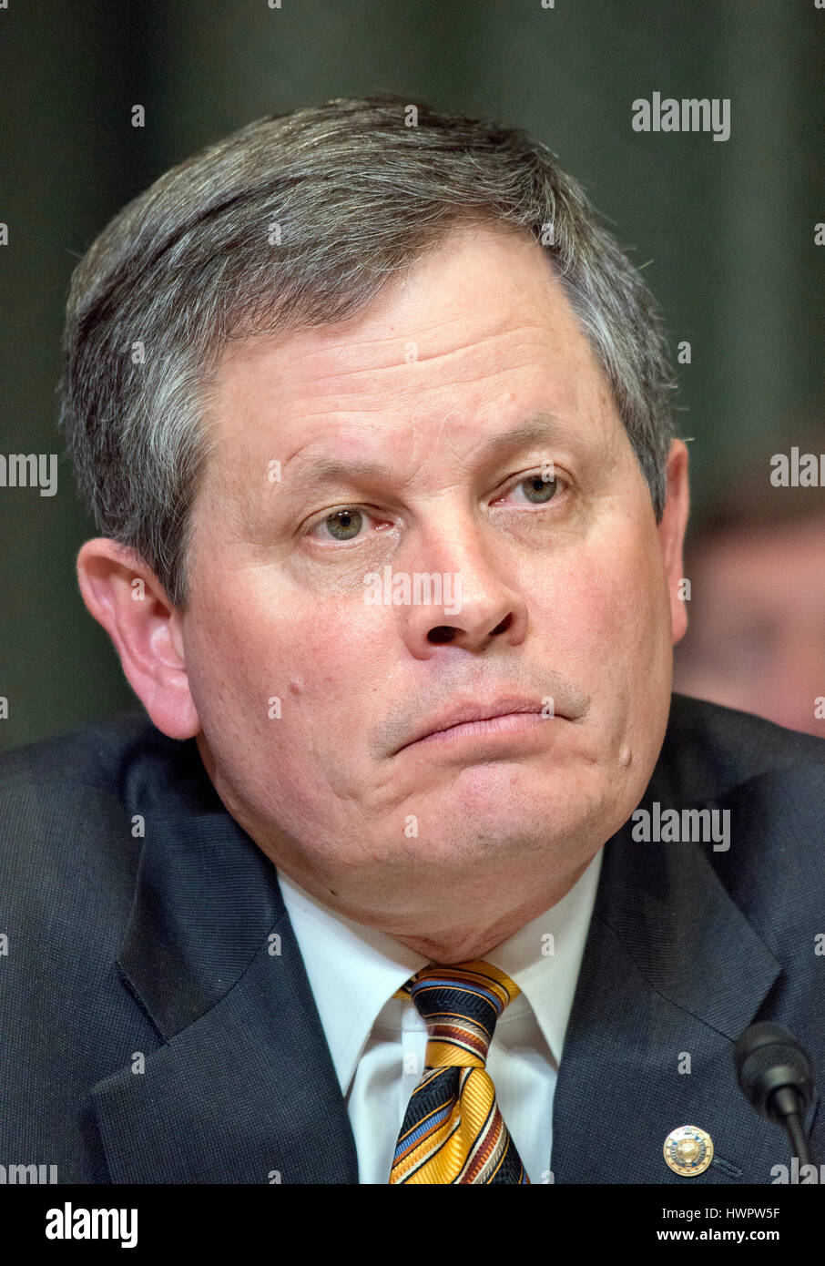 United States Senator Steven Daines (Republican of Montana) listens as ...