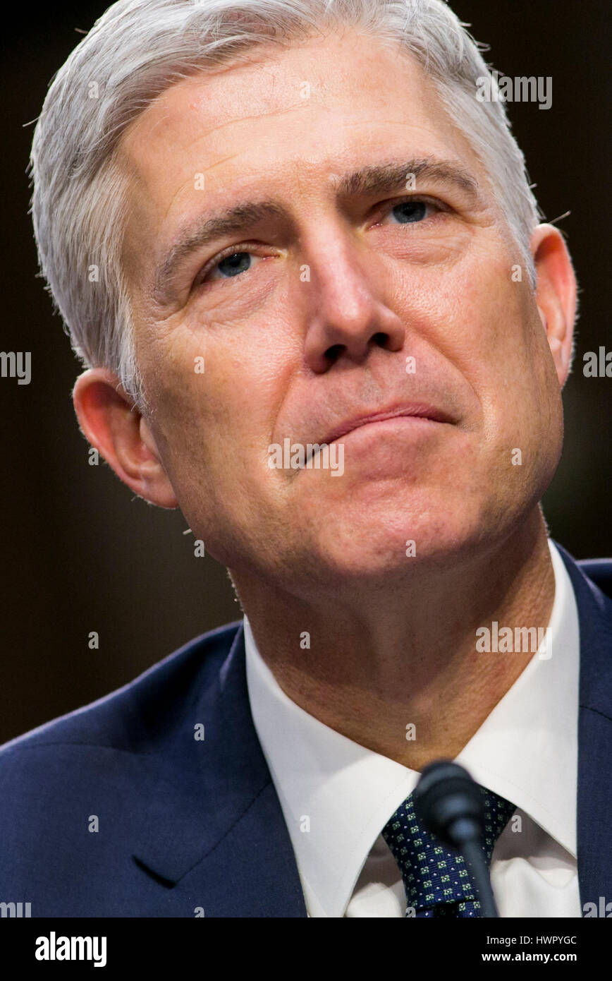 Washington, USA. 22nd Mar, 2017. Judge Neil Gorsuch testifies during ...