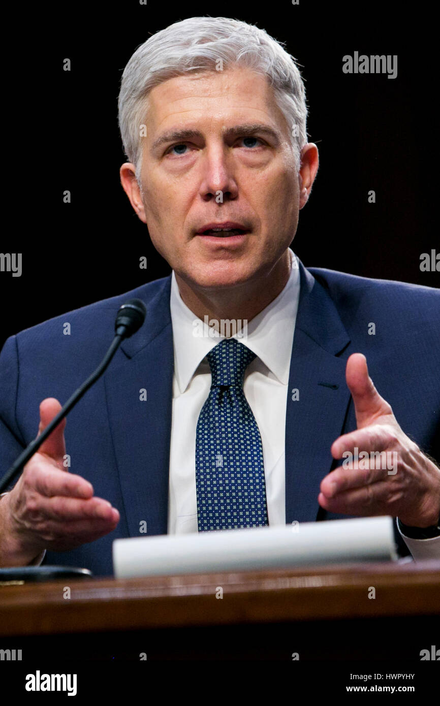 Washington, USA. 22nd Mar, 2017. Judge Neil Gorsuch testifies during ...