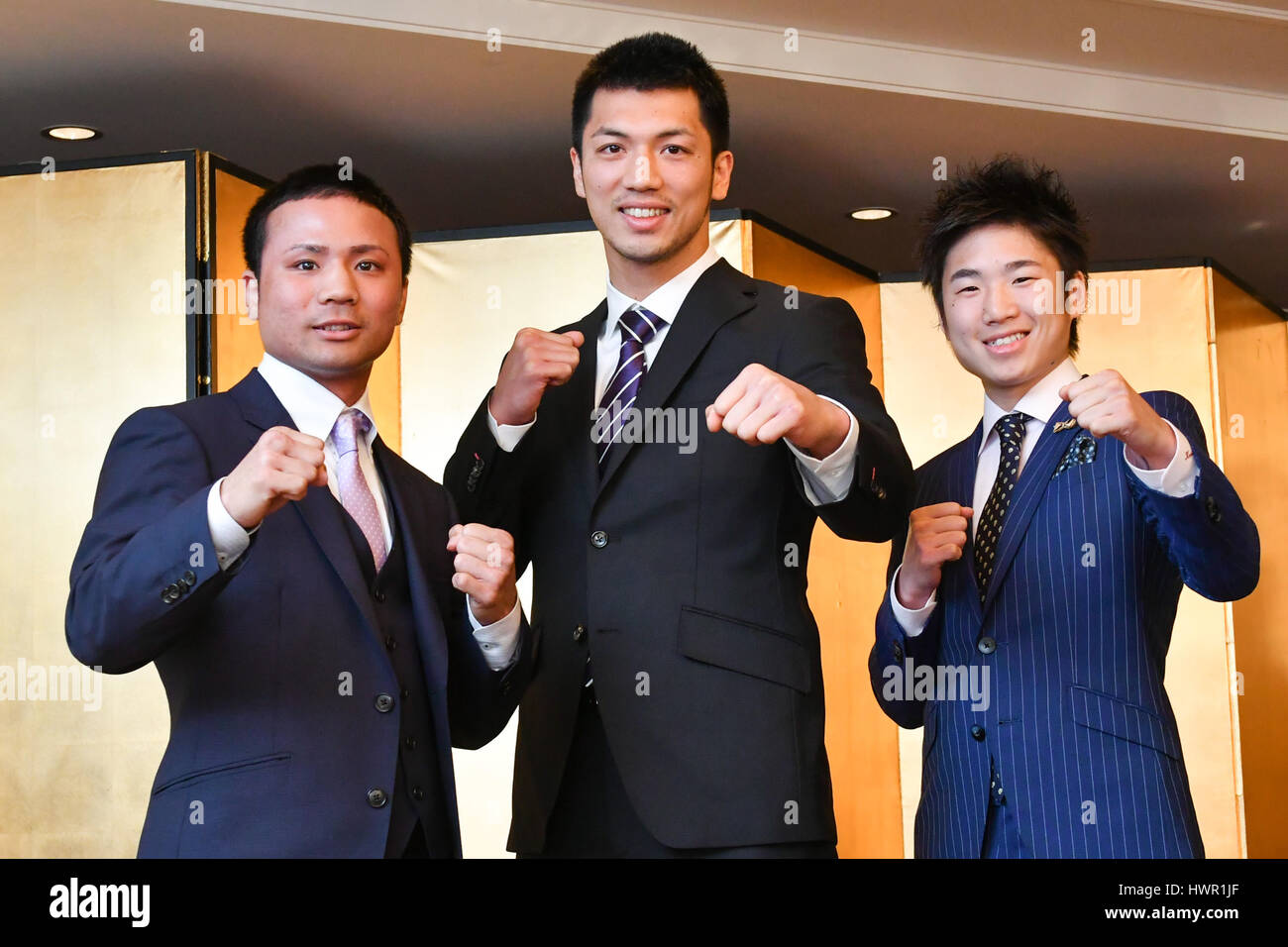 Tokyo, Japan. 3rd Apr, 2017. (L-R) Daigo Higa, Ryota Murata, Ken Shiro ...