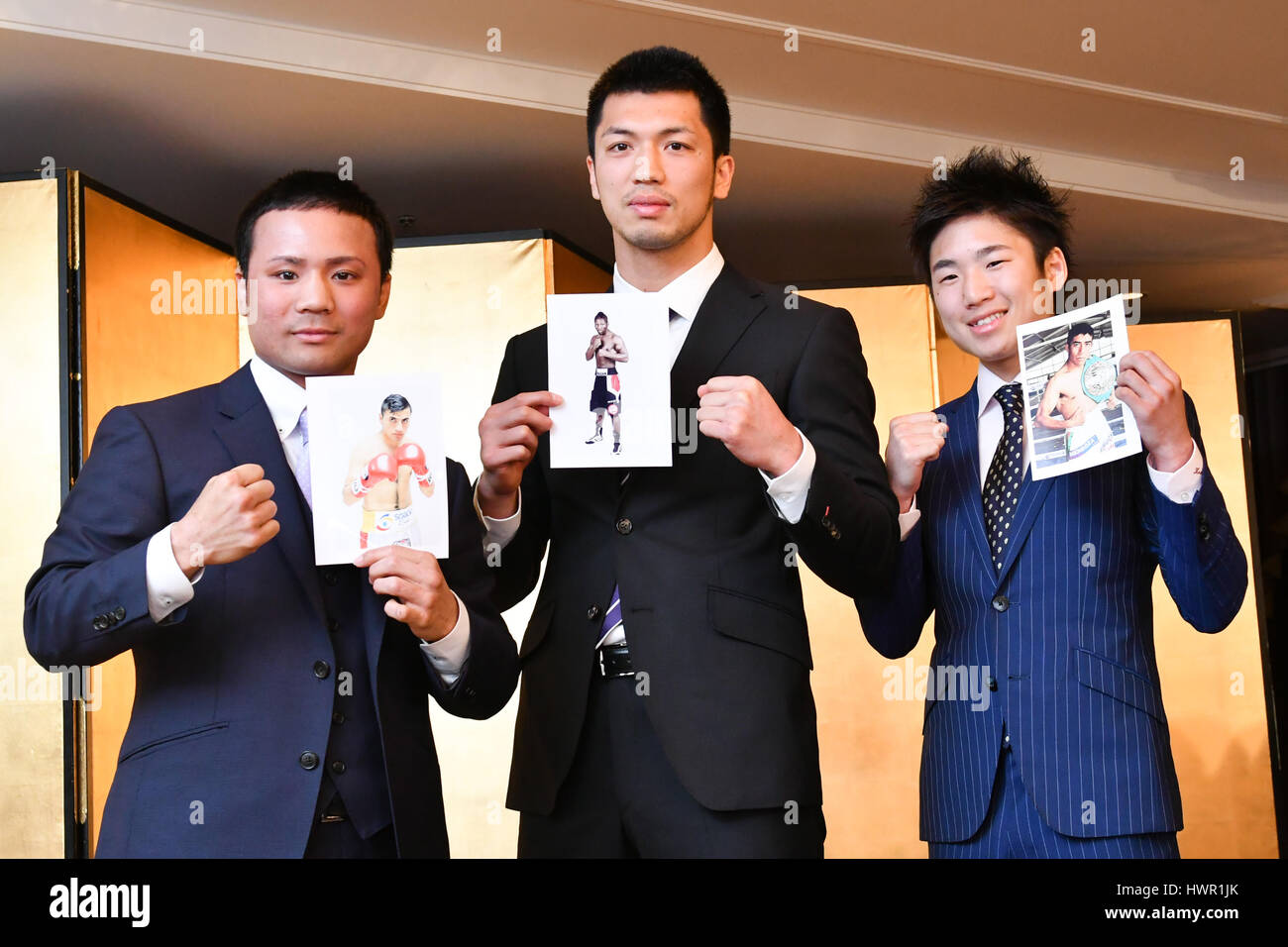 Tokyo, Japan. 3rd Apr, 2017. (L-R) Daigo Higa, Ryota Murata, Ken Shiro ...
