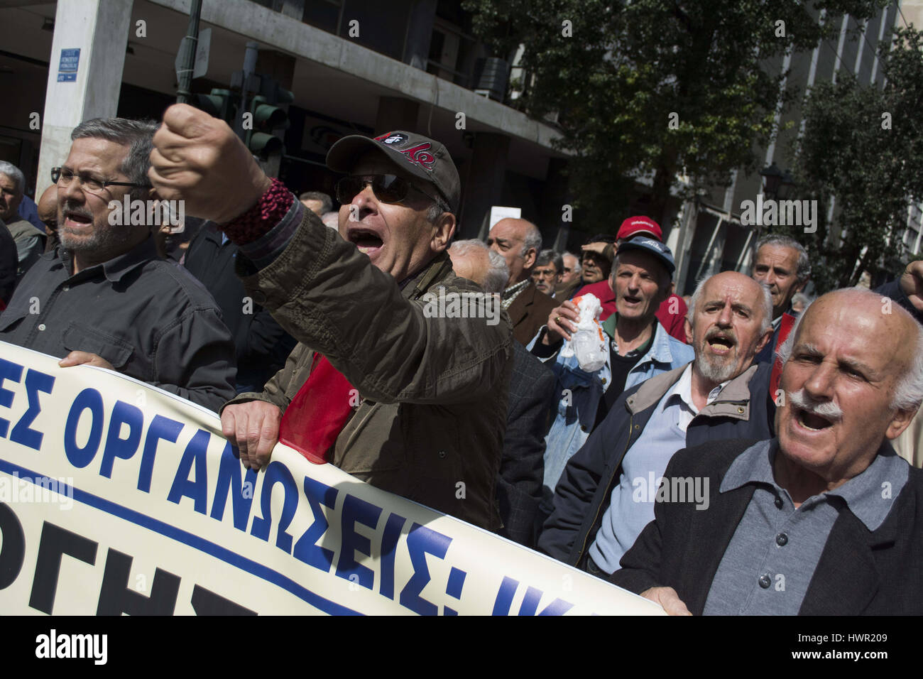 Athens, Greece. 4th Apr, 2017. Elderly people march, shouting slogans ...
