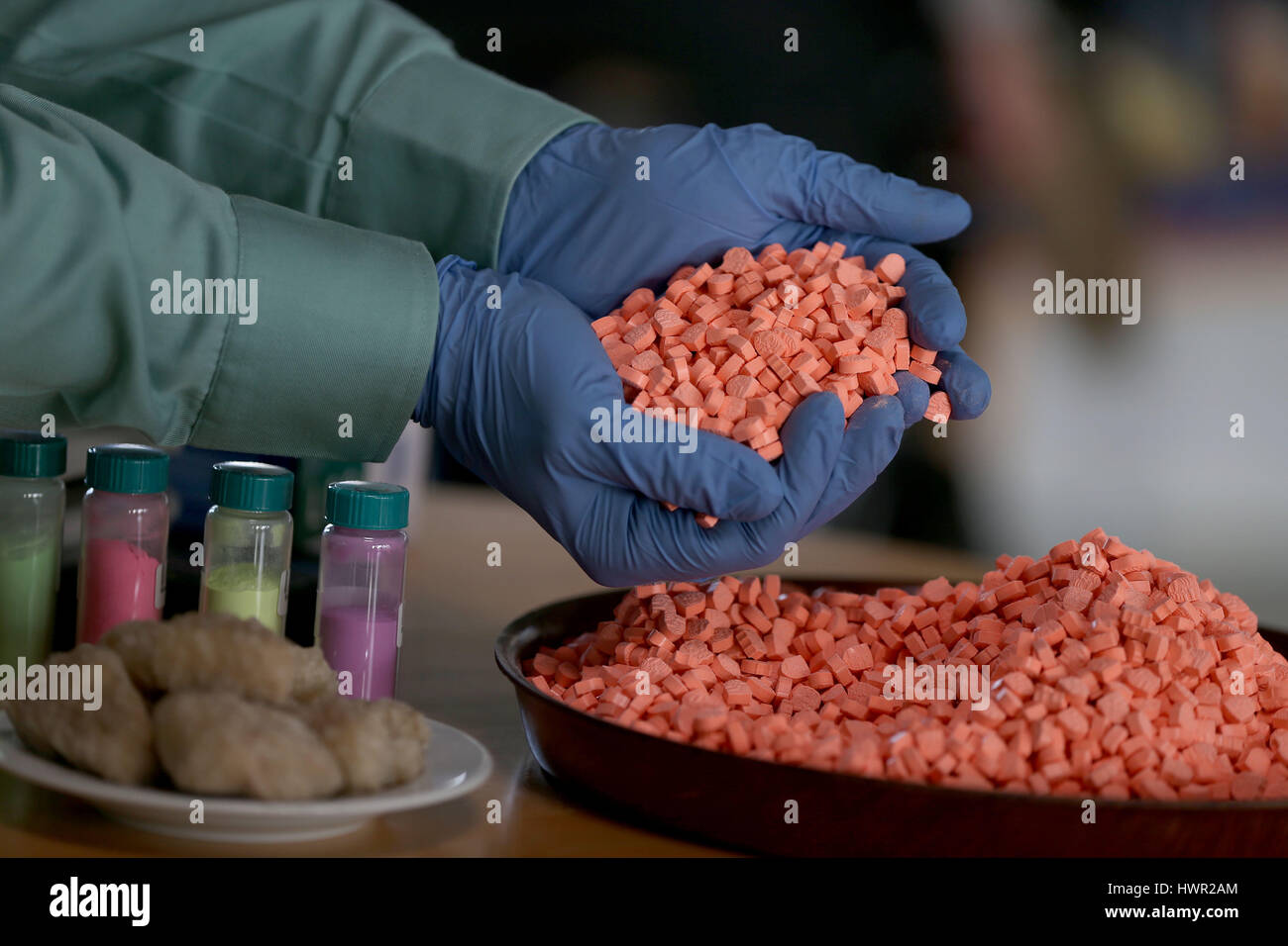 Cologne, Germany. 4th Apr, 2017. Secured ecstacy tablets can be seen ...