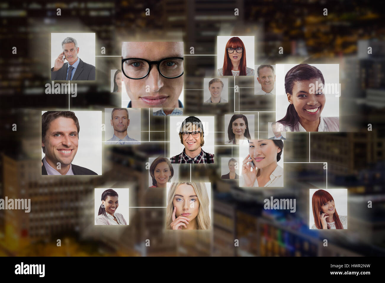 Connection between people against illuminated building in city at night ...