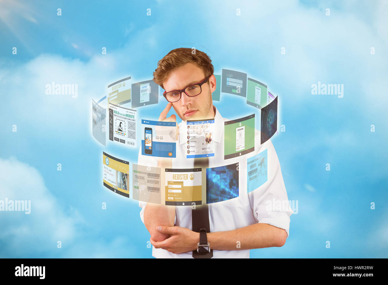 Young businessman thinking looking at camera against blue background 3d ...