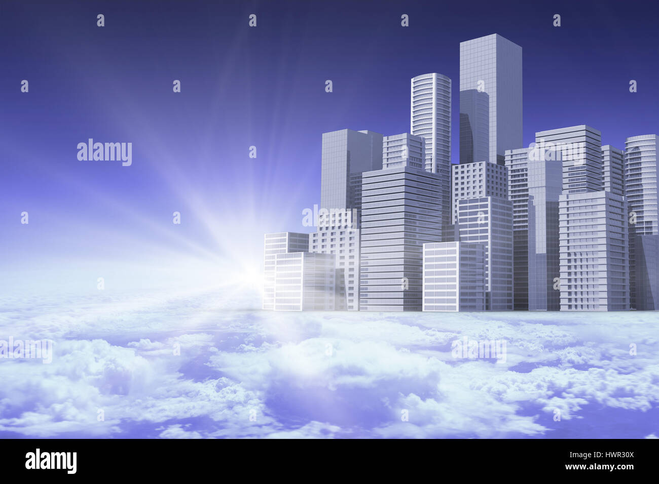 Blurry animated flare against blue sky over clouds at high altitude 3d ...